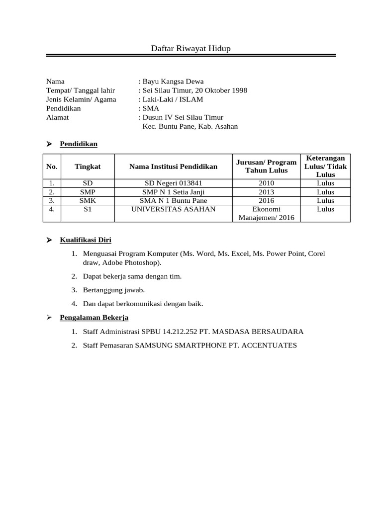 Riwayat Hidup Bayu Kangsa Dewa | PDF