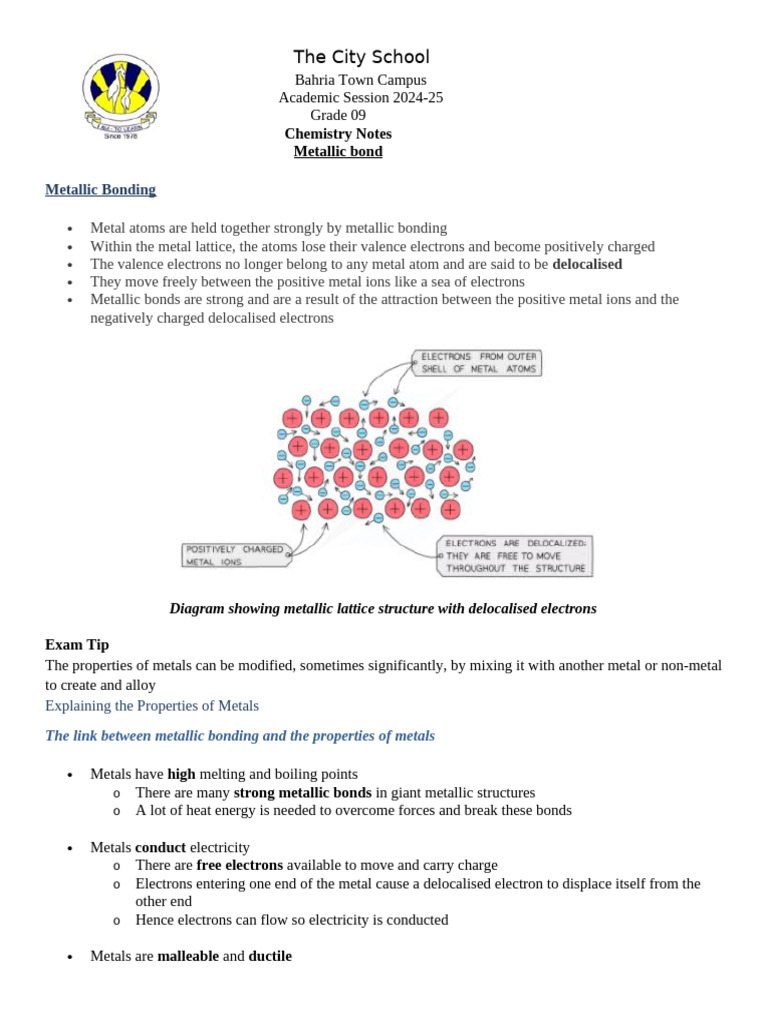 Grade 9-Metallic Bonding Notes | PDF