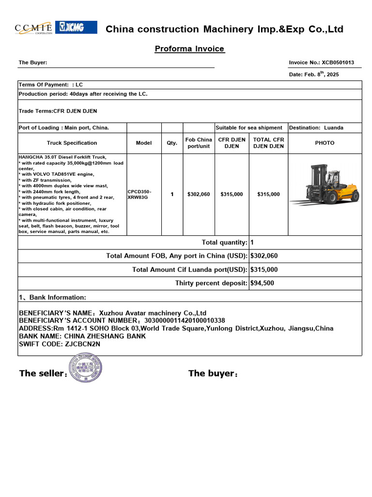 Hangcha 35T Forklift Proforma Invoice | PDF
