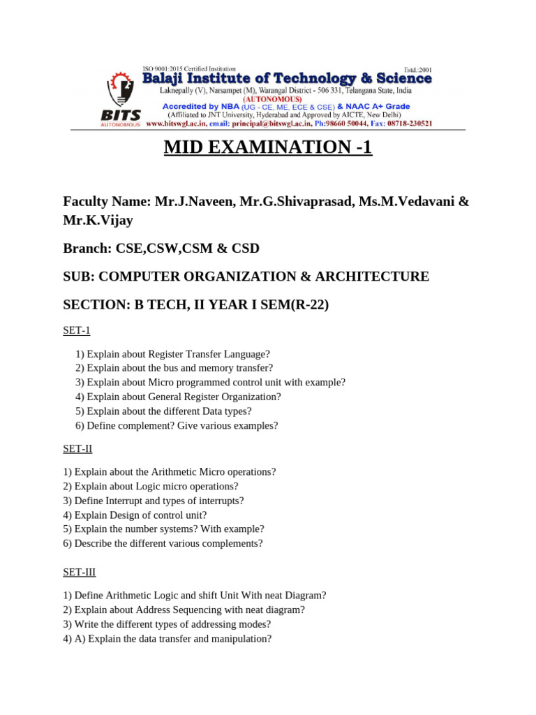 Ii I Coa Mid 1 Qp And Objective Cse Csm Csw And Csd Pdf Computer Data Storage Random Access