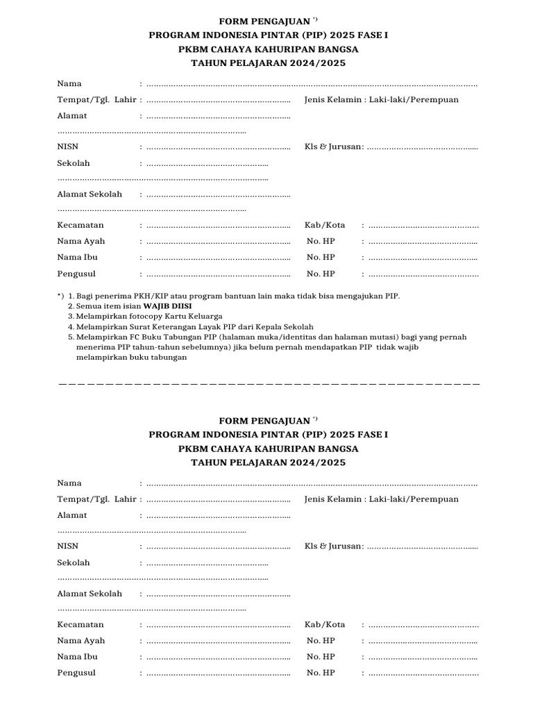 Formulir Pengajuan Siswa Layak Pip 2025 | PDF