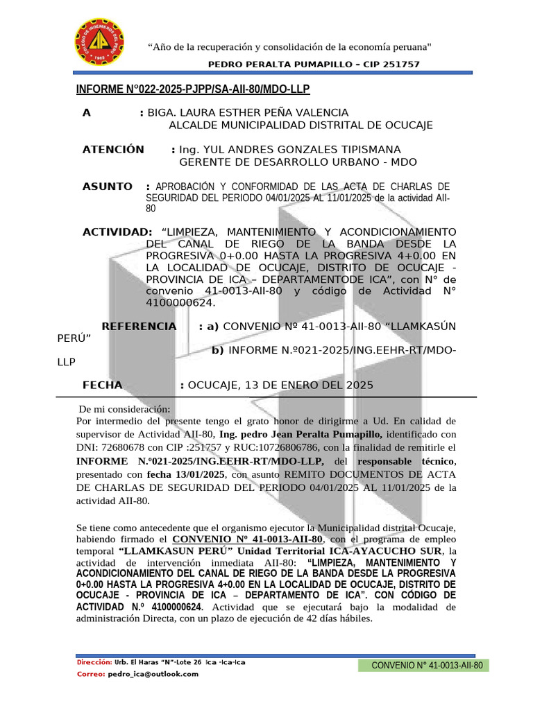 Informe N°022-2025-Pjpp-Sa-Aii-80-Mdo-Llp Aprobacion de Acta de Charlas ...
