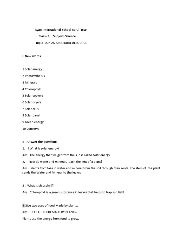 Sun as a Natural Resource for Class 3 | PDF | Plants | Solar Energy