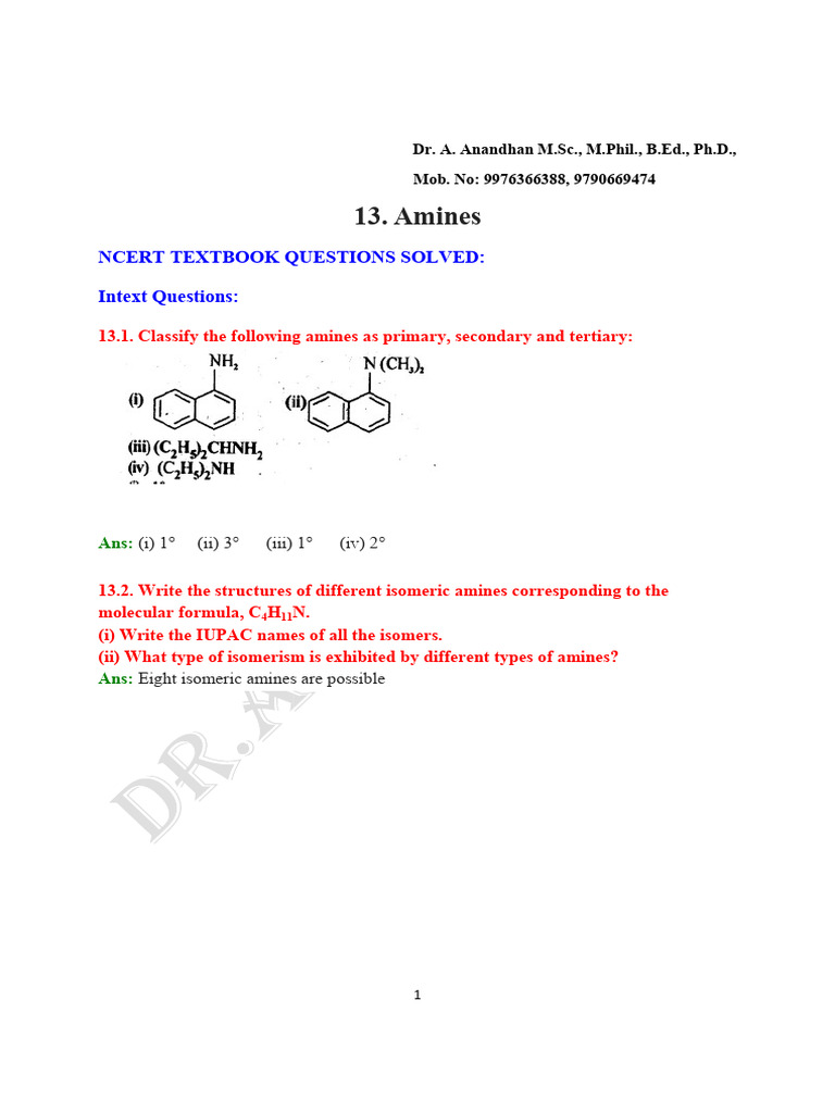 13. Amines- NCERT Book Questions pdf | PDF | Amine | Acid