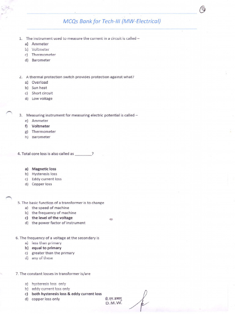 MW Electrical QS Quota Question Bank in English | PDF
