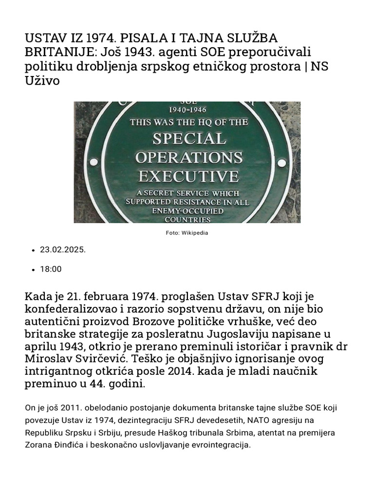 USTAV IZ 1974. PISALA I TAJNA SLUŽBA BRITANIJE_ Još 1943. agenti | PDF