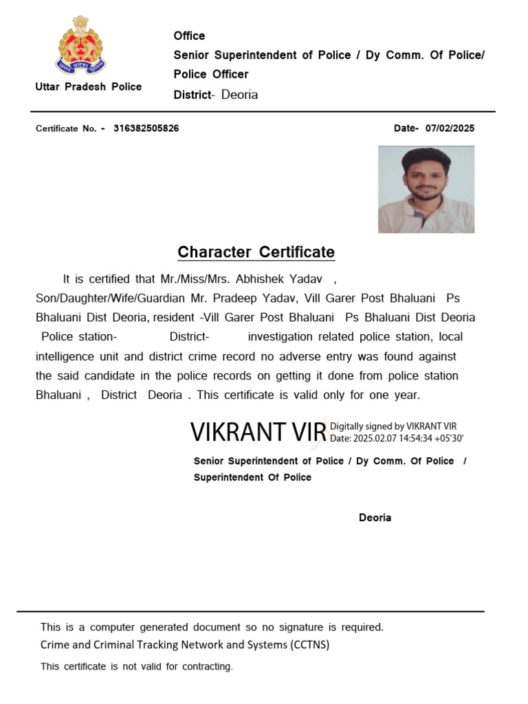 Vikrant Vir: Character Certificate | PDF