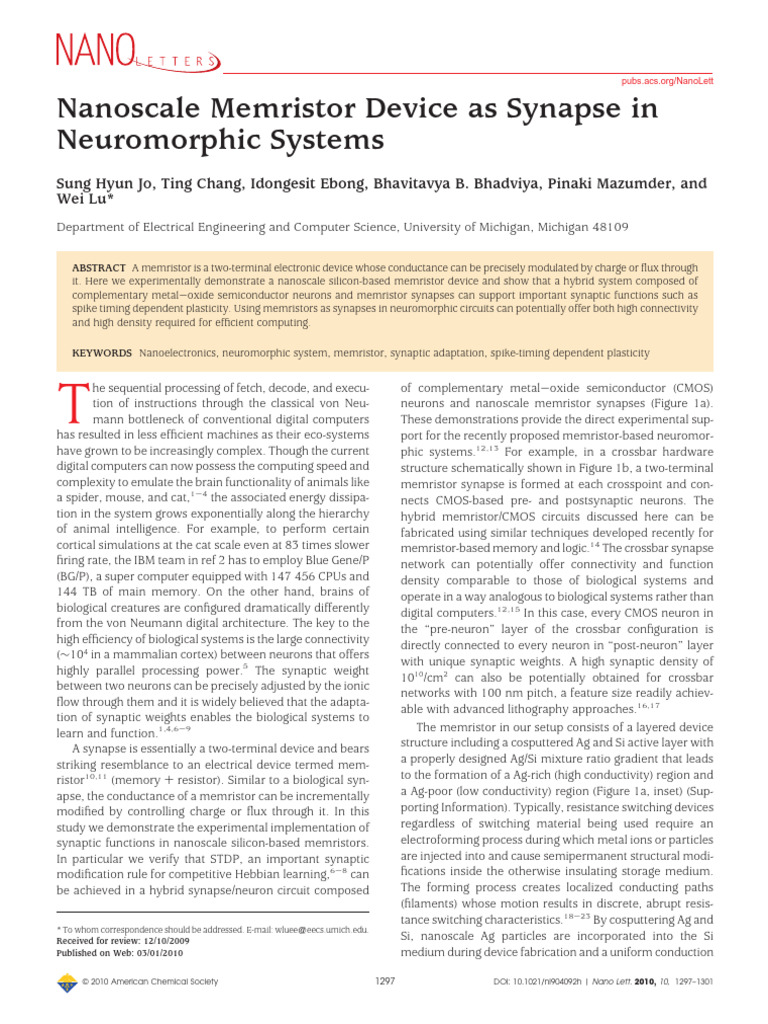 Nanoscale Memristor Device as Synapse inNeuromorphic Systems | PDF | Synapse