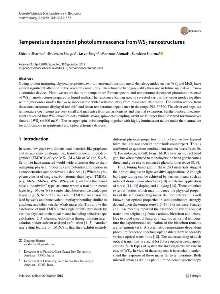 Temperature dependent photoluminescence from WS2 nanostructures | PDF | Absorption Spectroscopy ...