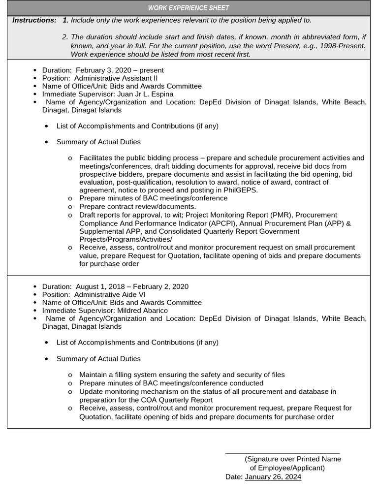 Work Experience Sheet for Administrative Roles | PDF | Business