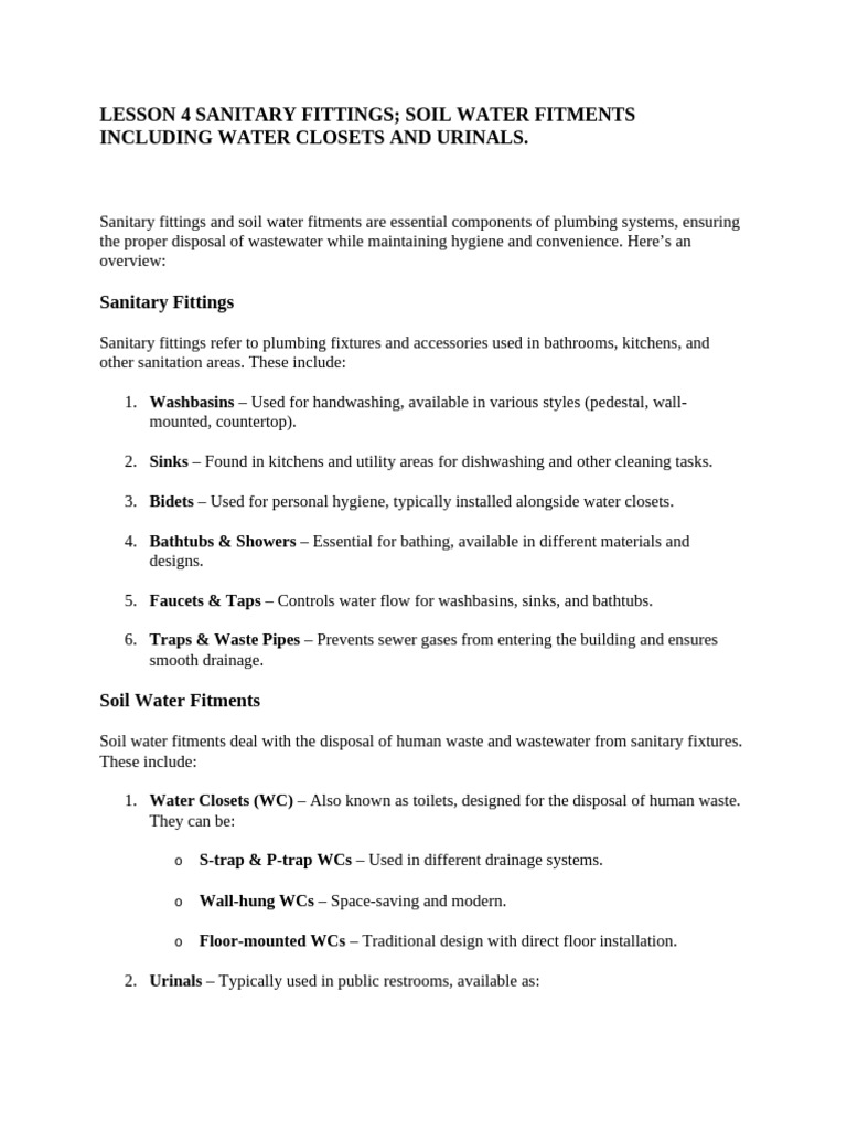 Lesson 4 Sanitary Fittings | PDF | Plumbing | Toilet