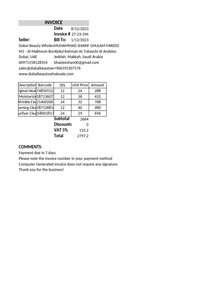 Invoice for Dubai Beauty Wholesale | PDF