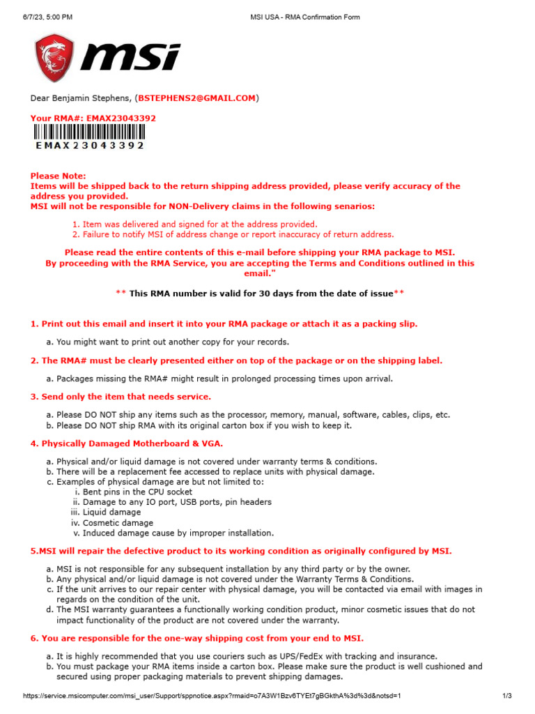MSI USA - RMA Confirmation Form | PDF | Booting | Computer Science