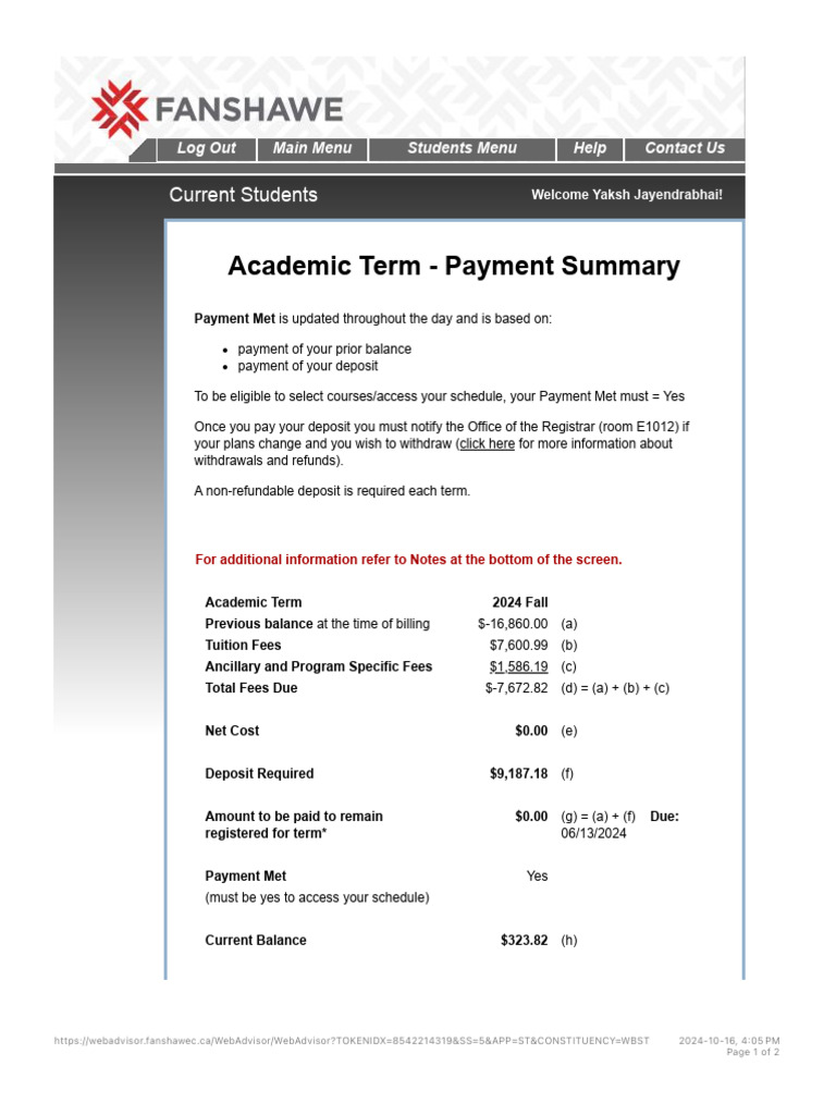 2024 Fall Academic Term Payment Summary | PDF | Fee | Money