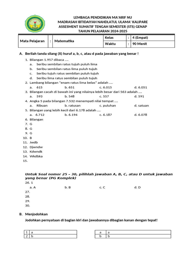 soal sts mtk kelas 4 fix | PDF