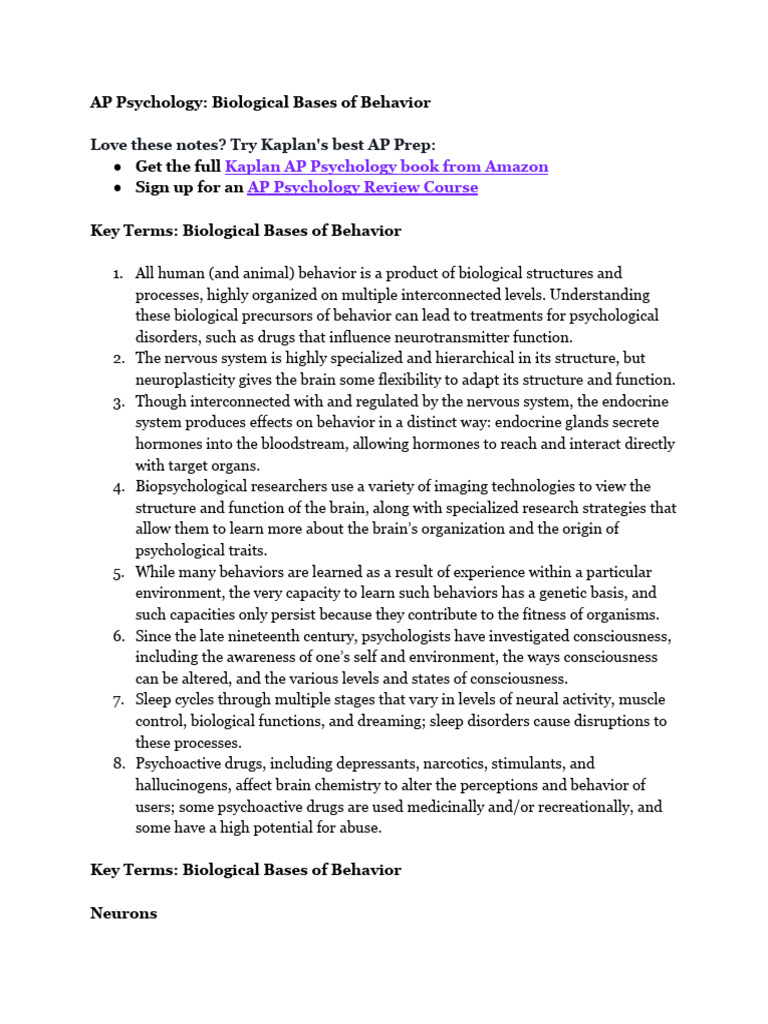 AP Psychology - Biological Bases of Behavior | PDF | Neurotransmitter ...