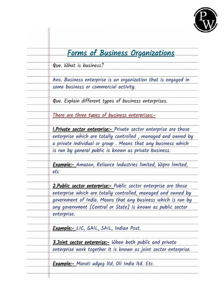 Forms of Business Organisation - Handwritten Notes - (Aarambh 2024) | PDF
