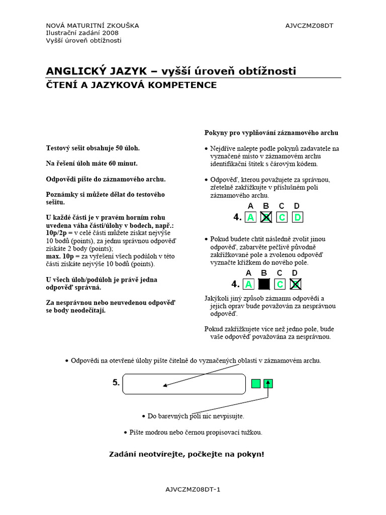 Statnimaturita Anglictina Didakticky Test 2008 Vyssi Uroven | PDF ...