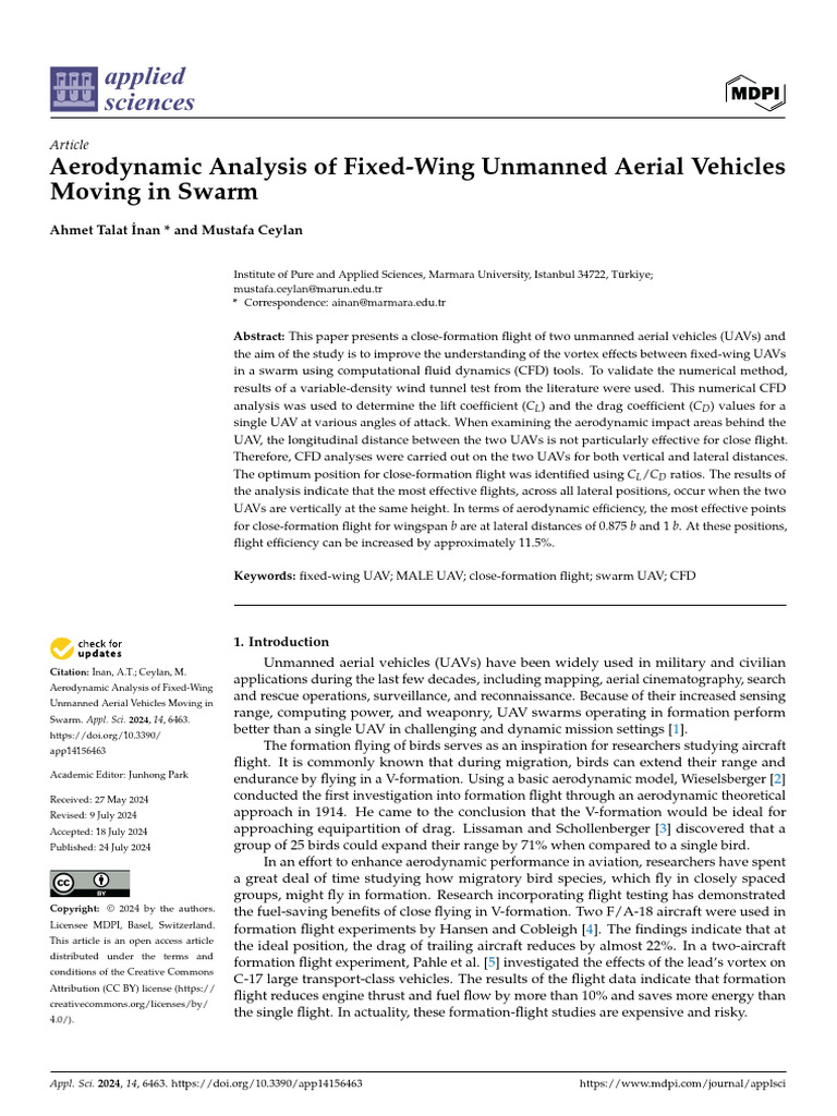 Aerodynamic Analysis of Fixed-Wing Unmanned Aerial Vehicles Moving in Swarm | PDF | Navier ...