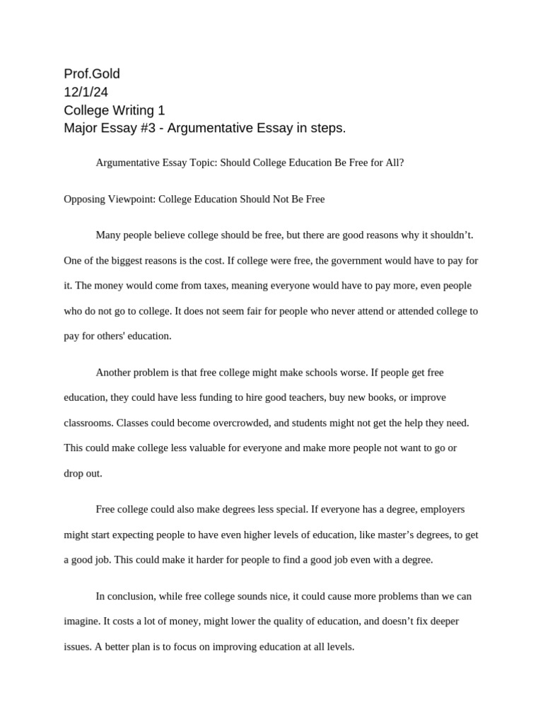 Major Essay #3 - Argumentative Essay in Steps... | PDF