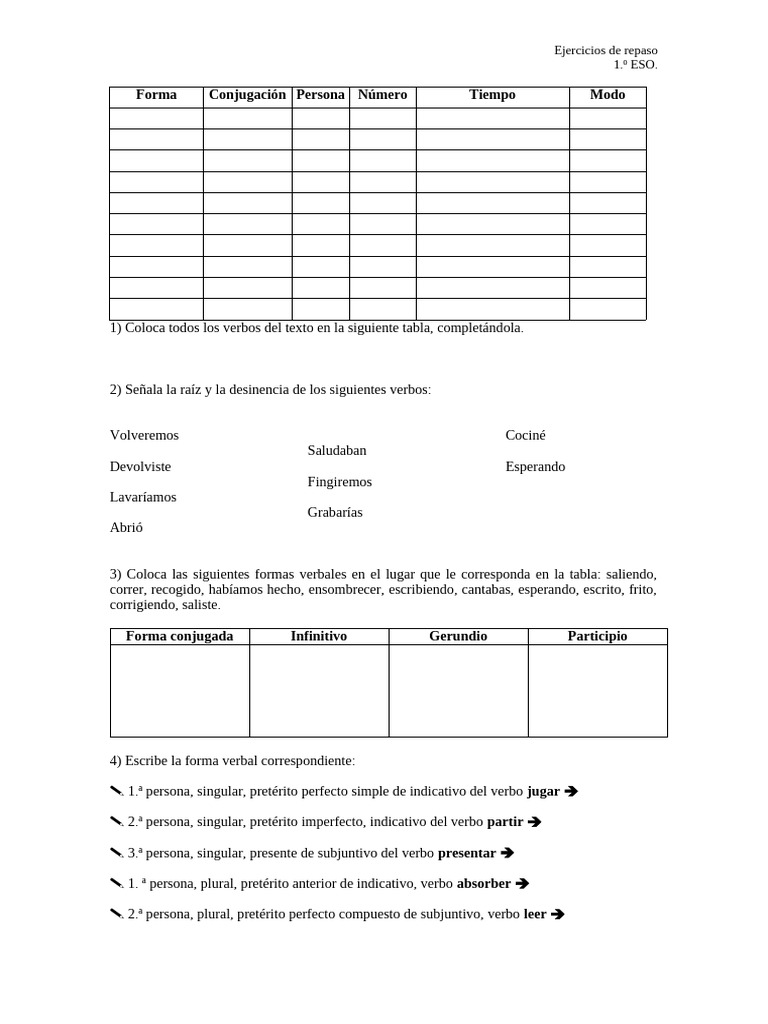 Ejercicios Verbos 1º Eso | PDF | Verbo | Conjugación gramatical