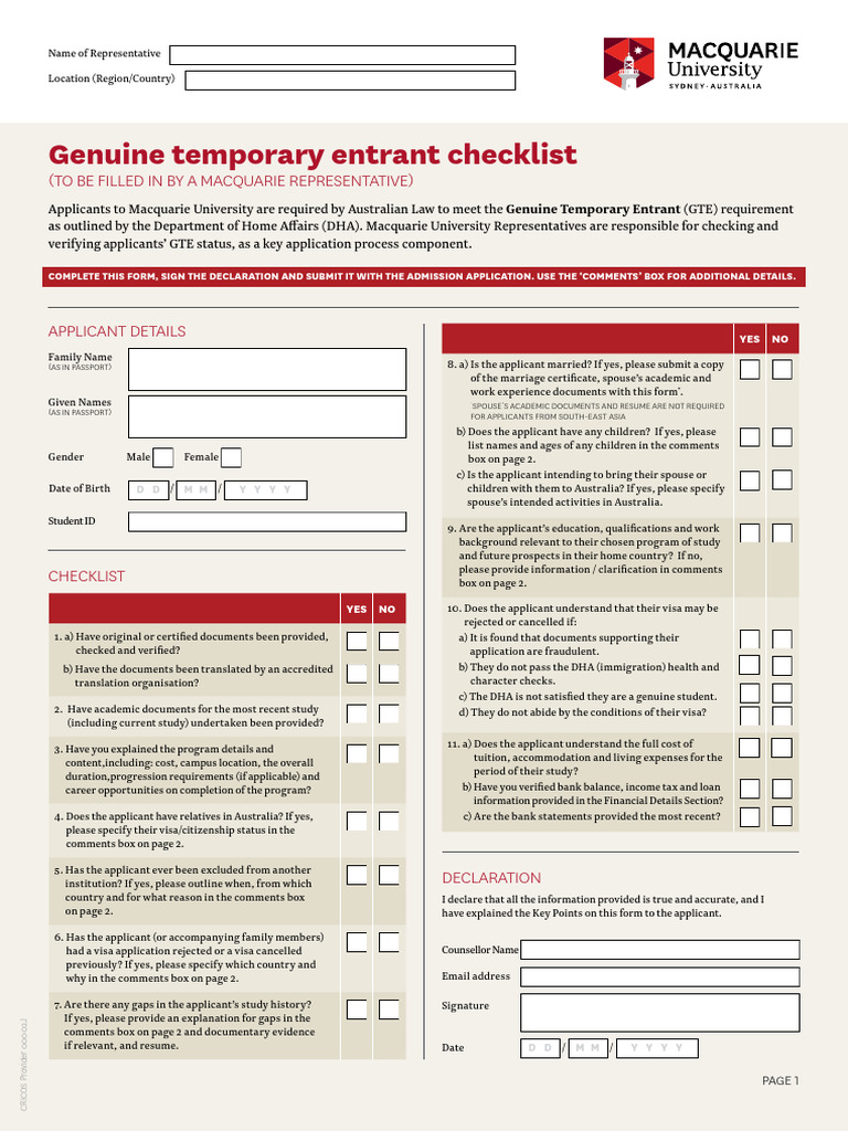 Macquarie University GTE Checklist | PDF | Travel Visa | Government And ...