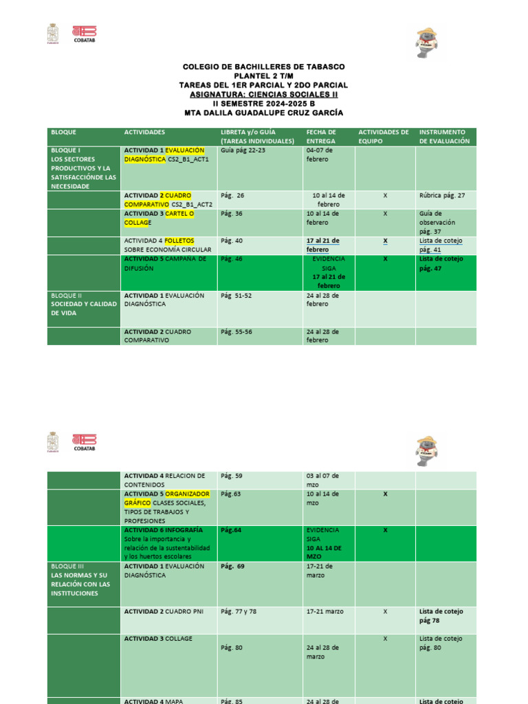 Calendarización de Tareas 1er y 2do Parcial | PDF