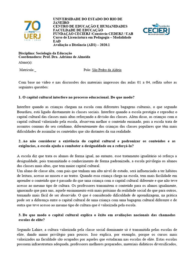 AD1 2020-1 Sociologia Pedagogia | PDF | Família | Escolas