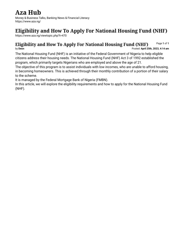 Aza Hub - Eligibility and How To Apply For National Housing Fund (NHF) | PDF | Loans | Mortgages
