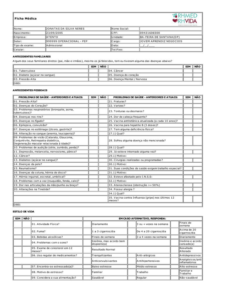 Ficha JONATAS DA SILVA NERES | PDF | Diabetes | Medicina Clínica