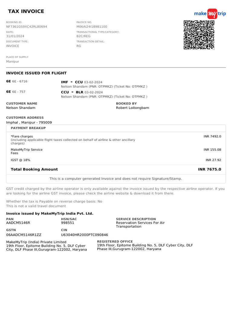 Booking Invoice_M06AI24I18981100 | PDF | Invoice | Payments