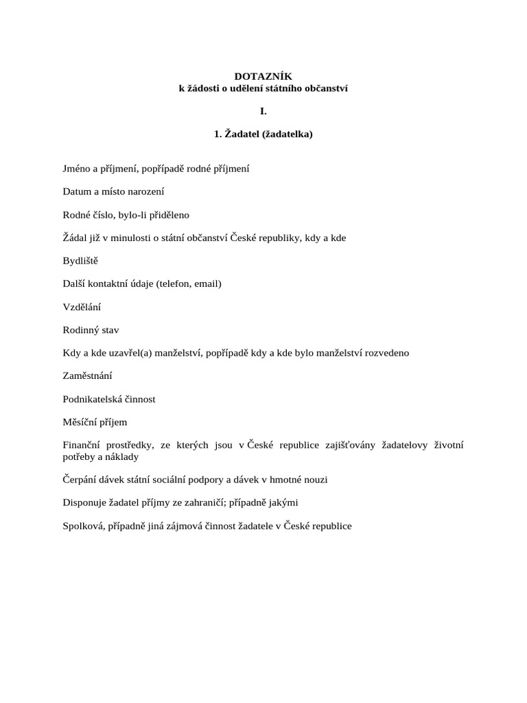 Dotaznik Knbspzadosti Onbspudeleni Statniho Obcanstvi Zletily Zadatel | PDF