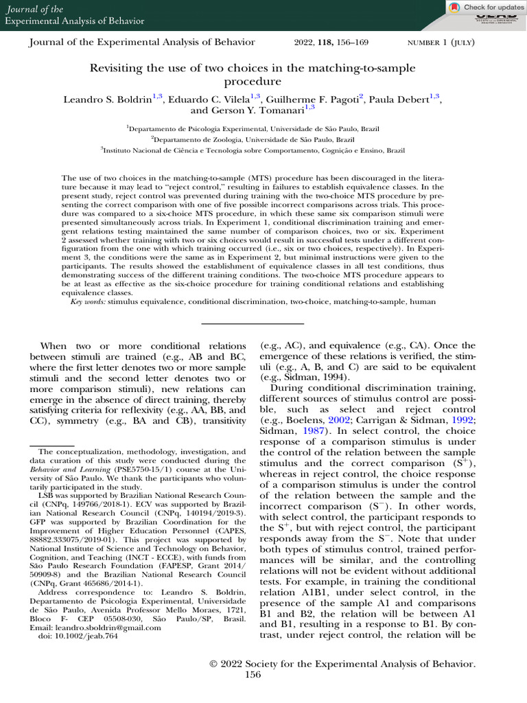 J Exper Analysis Behavior - 2022 - Boldrin - Revisiting the use of two choices in the matching ...
