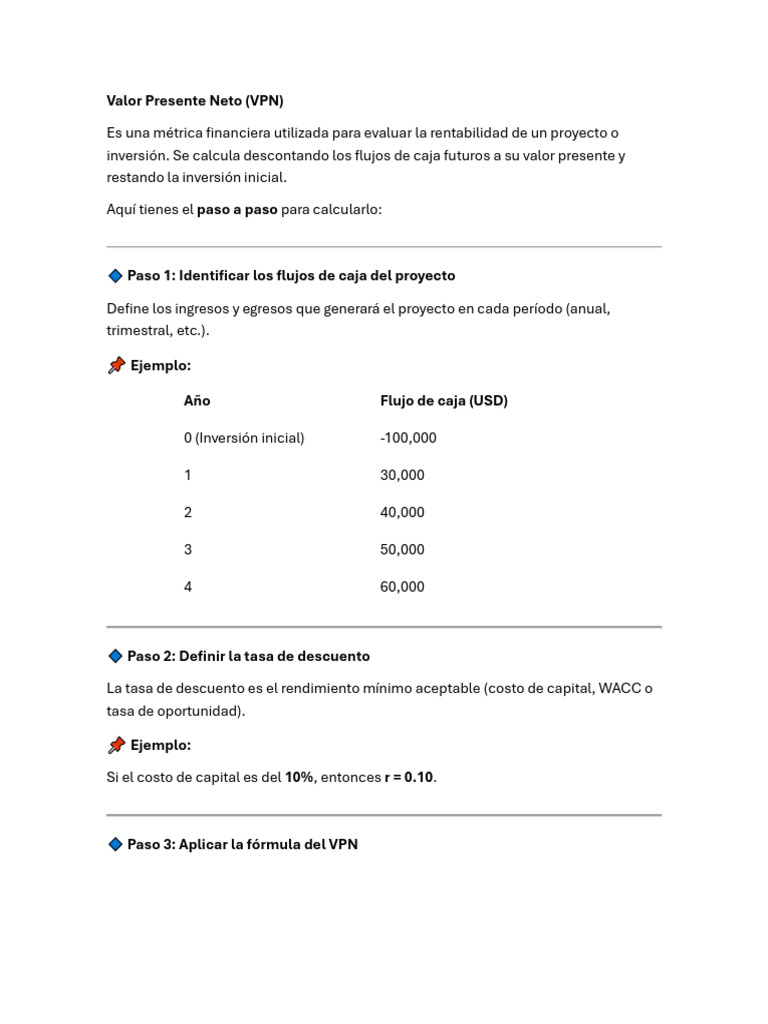 Valor Presente Neto (VPN) | PDF | Flujo de caja descontado | Servicios financieros