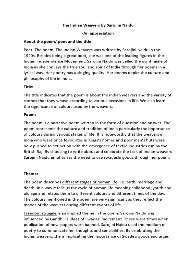 Appreciation of "The Indian Weavers" | PDF | Poetry