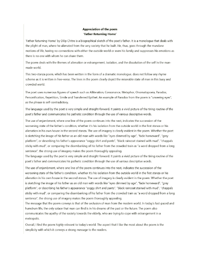 Appreciation - Father Returning Home | PDF