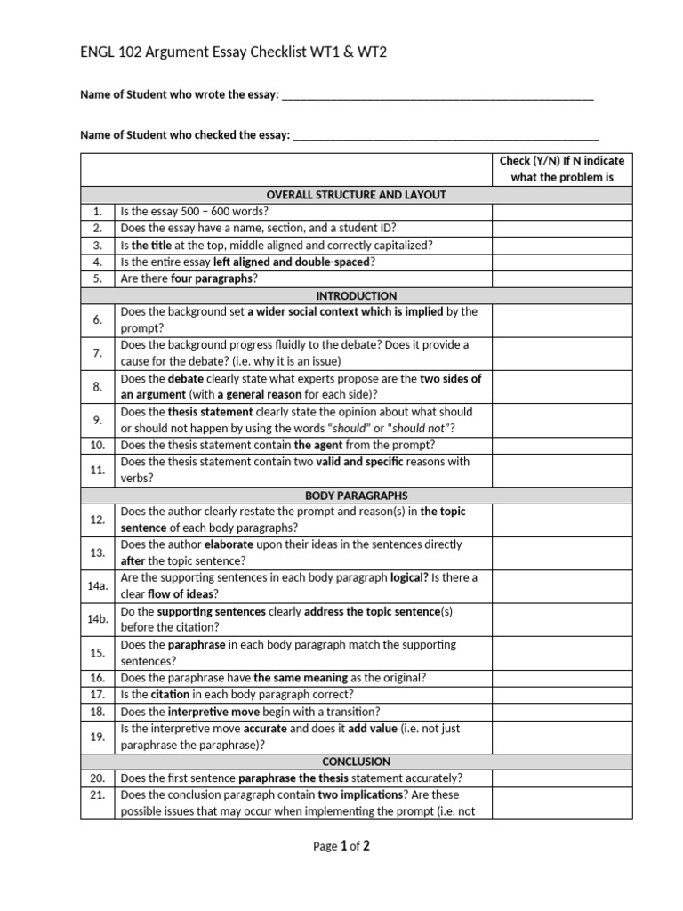 ENGL 102 Argument Essay Checklist (WT1 & WT2 Draft 2) 3 | PDF | Essays ...