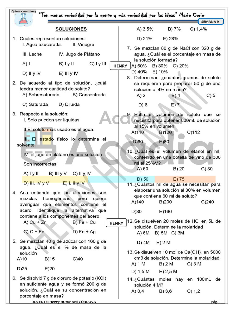 Soluciones 9.1 Química Henry Semana 9 | PDF