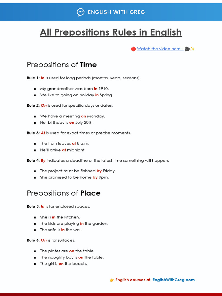 30) ALL Preposition Rules Explained Clearly | PDF