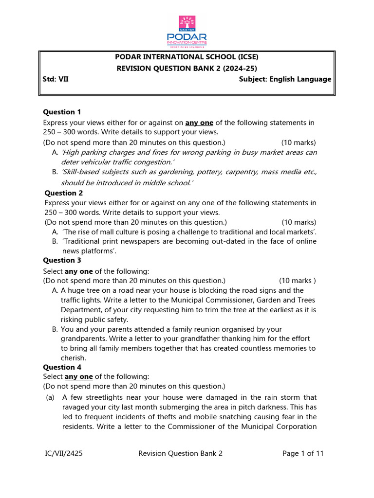 English Language Revision Questions for Std VII | PDF