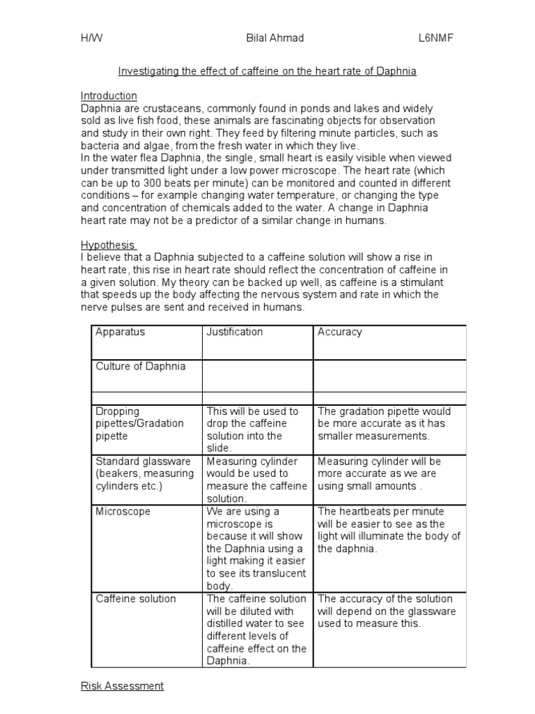 Investigating The Effect of Caffeine On The Heart Rate of Daphnia | PDF ...