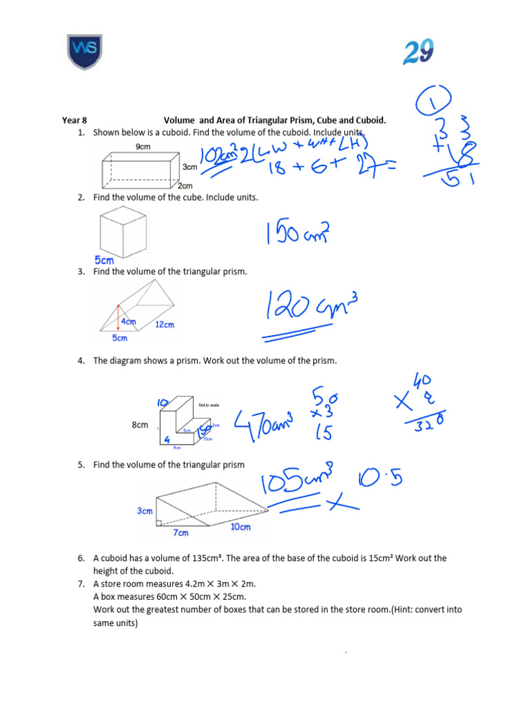 Year 8 Volume and Area Exercises | PDF