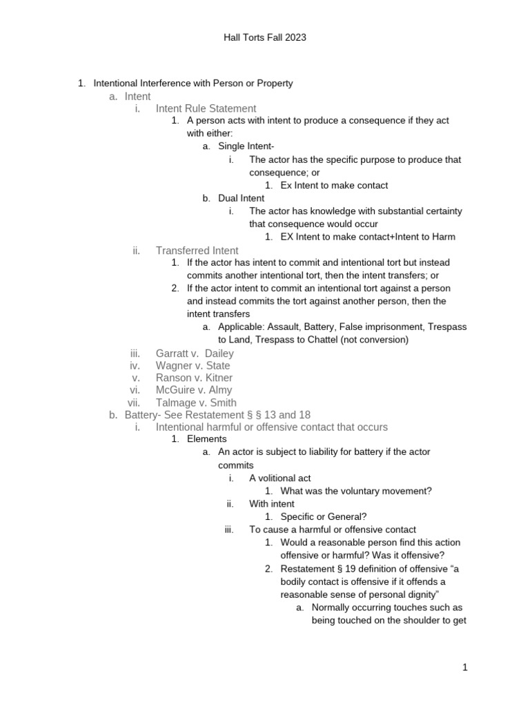 Hall Torts Outline Fall 2023 | PDF | Conversion (Law) | Intentional ...