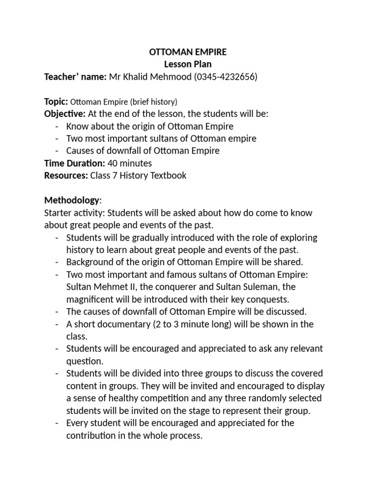 Lesson Plan - History class 7 - Ottoman Empire | PDF