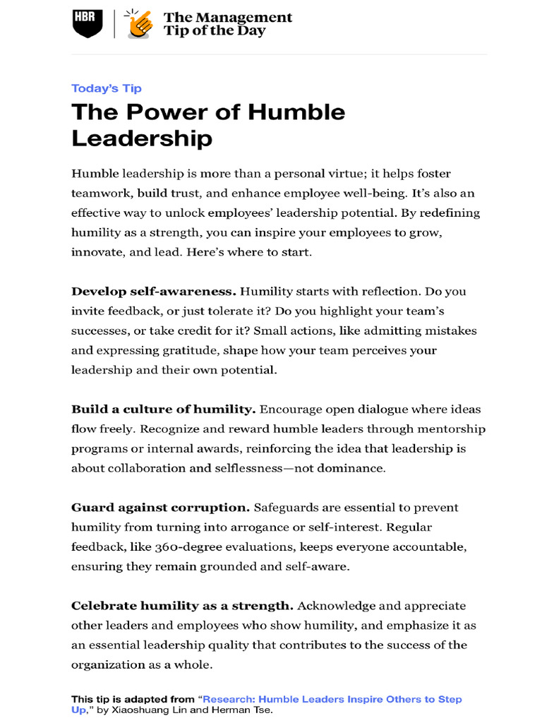 The Power of Humble Leadership - HBR MTD 07.02.25 | PDF