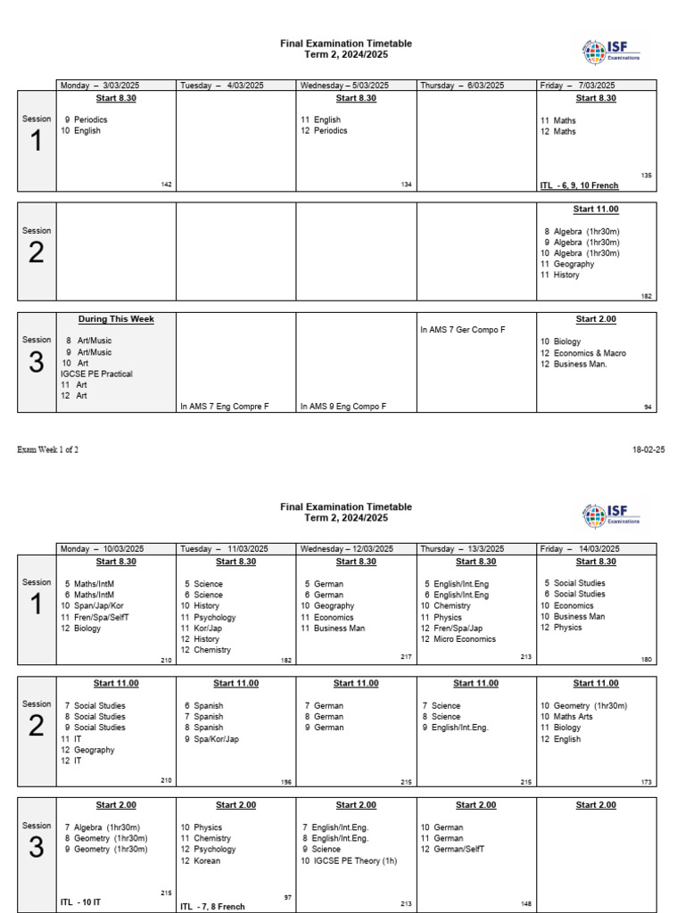 Term 2, 2024/2025 Exam Timetable | PDF | Mathematics | Science