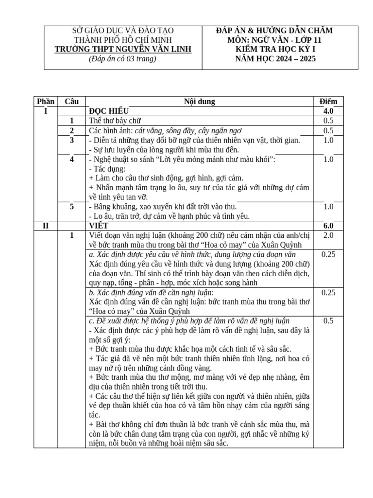 Dap An Van 11 Hki 2024 - 311220248 | PDF
