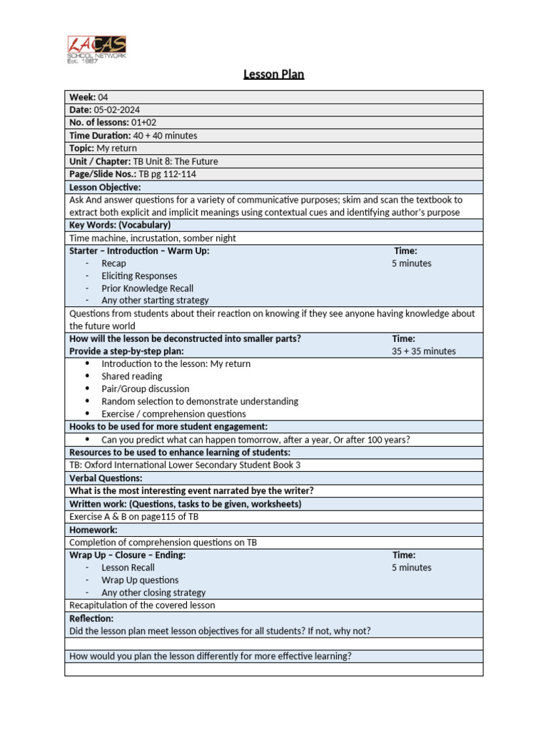 2nd Term WK 04 LPs Eng Cls 8 | PDF | Reading Comprehension | Lesson Plan