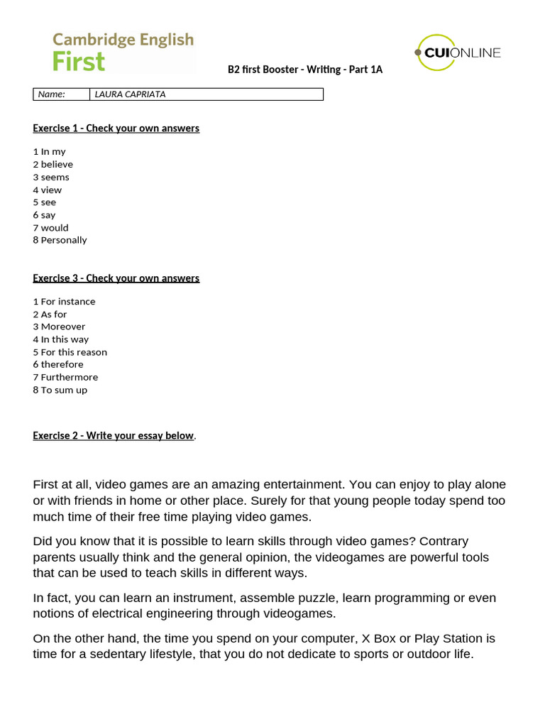 B2 First Booster - Writing - Part (1A) - Answers | PDF