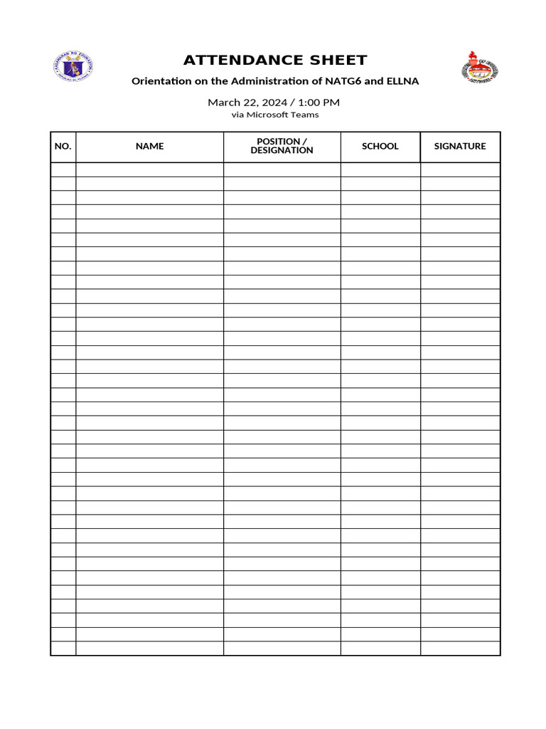 ATTENDANCE SHEETS Orientation On The Administration of NATG6 and ELLNA ...